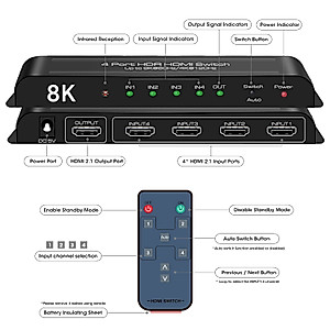 ROOFULL 4 Ports 8K HDMI 2.1 Switch 4 in 1 Out 8K@60Hz 4K@120Hz HDMI Switcher Selector with Remote Support 48Gbps HDR 10+ Dolby Vision/Atmos HDCP 2.3 CEC for PS5 4 Pro Xbox Apple TV Game PC Roku