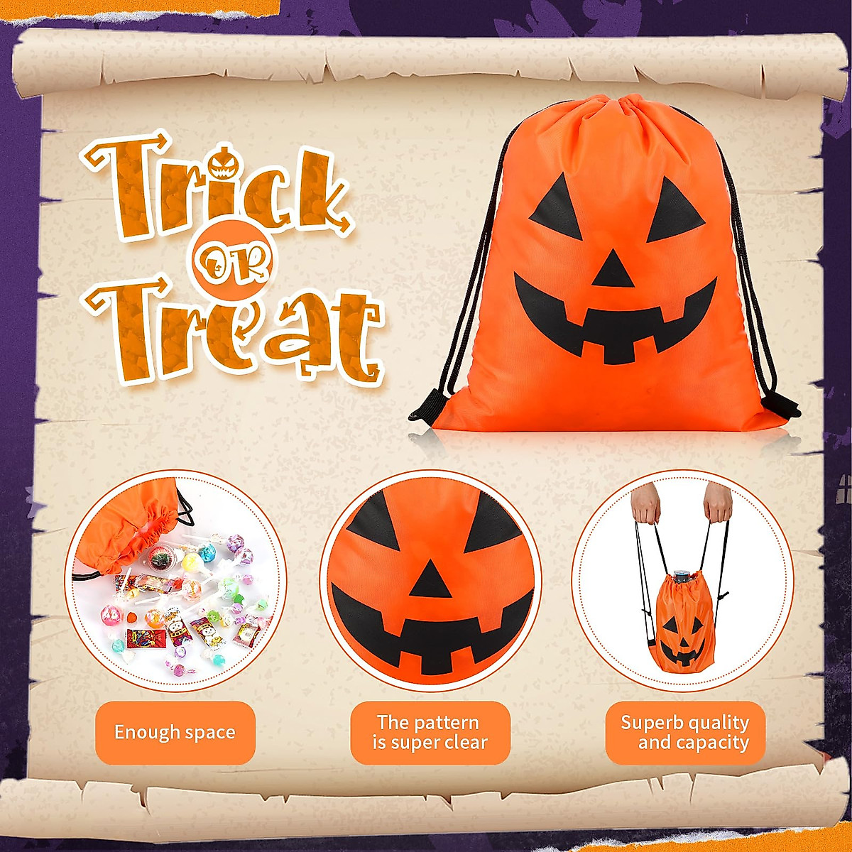 Silkfly 24 Pcs Halloween Drawstring Bags 12 x 10 Inch Trick or Treat Drawstring Backpack Bags Goody Gift Bags for Halloween Party