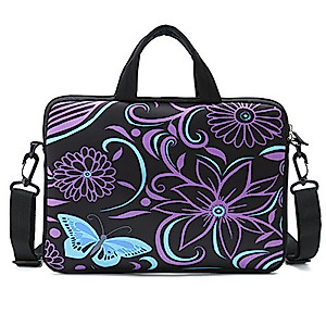AUPET 16 16.5 17-17.3-Inch Water Resistant Neoprene Sleeve Notebook Neoprene Messenger Case Tote Bag with Outside Handle and Adjustable Shoulder Strap & Extra Pocket(Purple Flower)