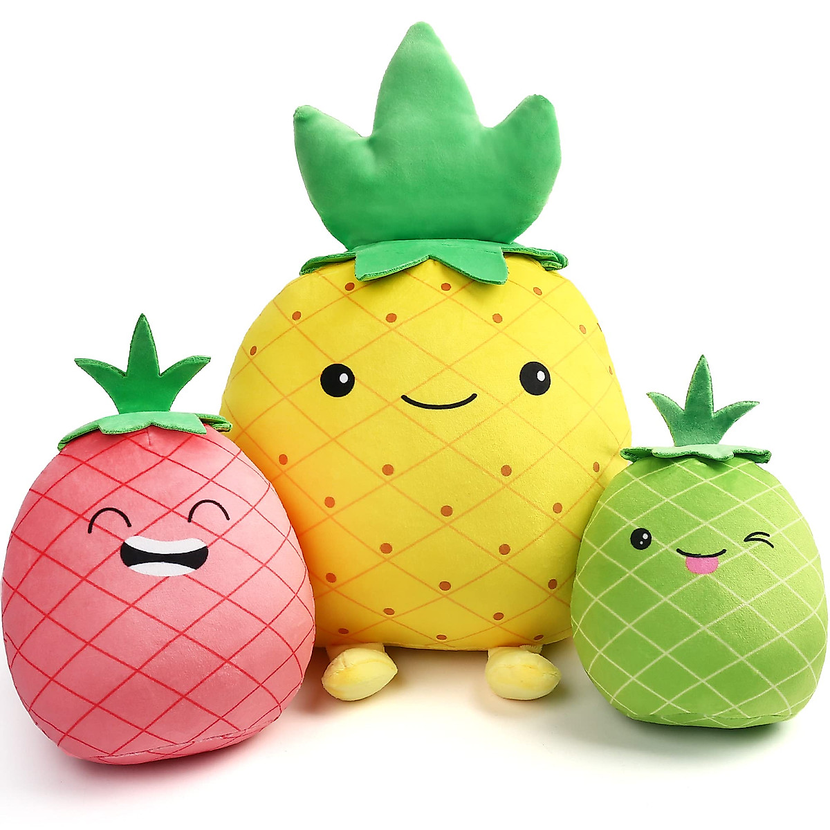 BenBen Pineapple Plush Toy, Set of 3, 12", 7" and 6'' Squishy Stuffed Animal Toys, Fruit Plushies, Fun Plush Pillow, Easter Basket Stuffers, Ms Sweety and Baby Pineapples