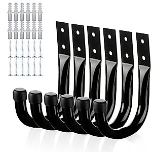 KURUI Heavy Duty Garage Hooks for Hanging, 6Pcs Large Garage Storage Hooks for Extension Cord Tool Cable, Black Wall Mount J Utility Hooks with Wall Anchors and Screws