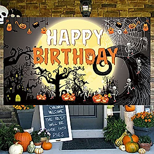 Famoby Happy Birthday Halloween Theme Fabric Sign Poster Banner Backdrop Halloween Pumpkin,Ghouls, bat,spide for Brithday Photo Booth Background Party Decoration