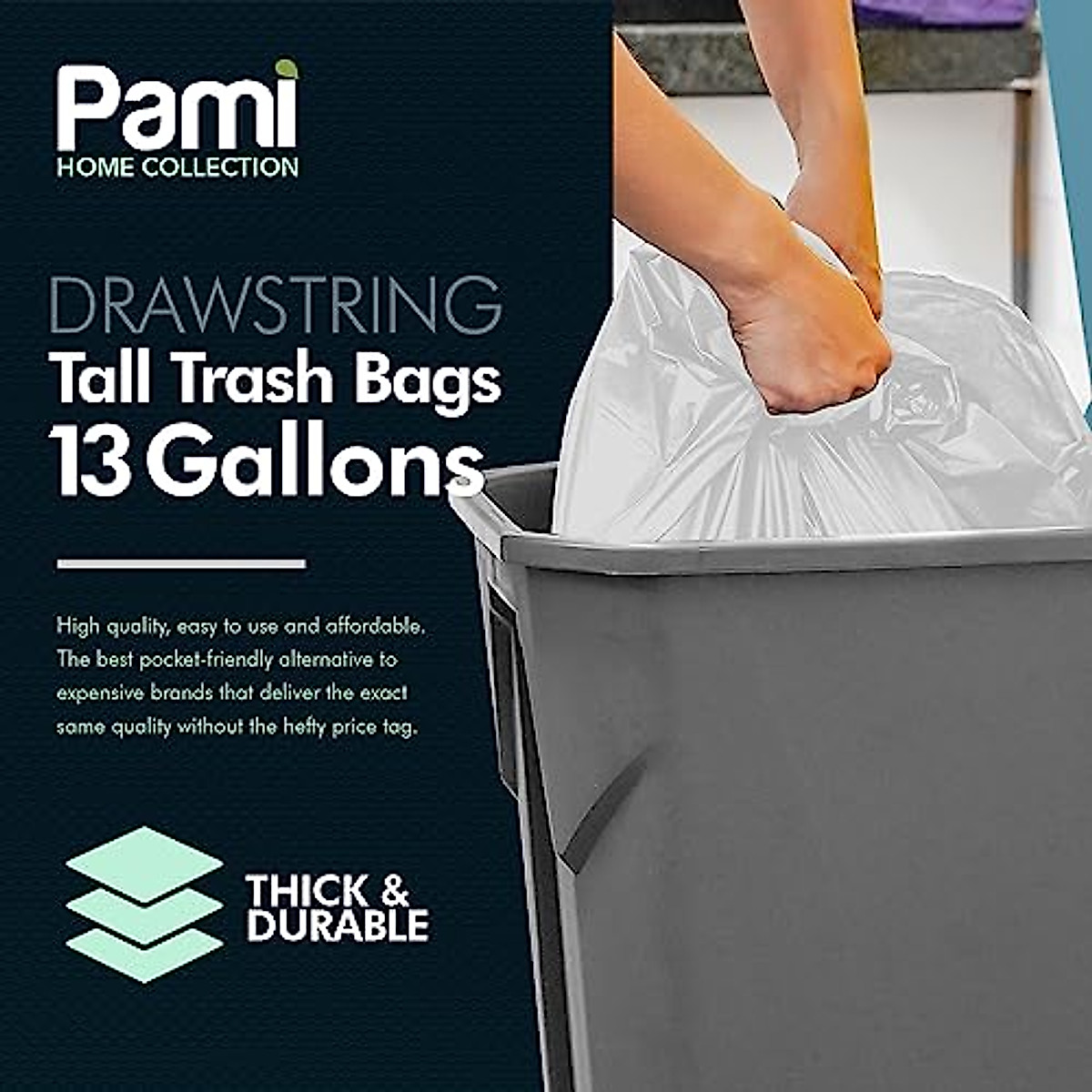 PAMI Tall 13-Gallon Kitchen Drawstring Trash Bags [14-Pack, White] - Extra-Strong Plastic Garbage Bags- Thick Trash Can Liners For Kitchen, Bathroom & Outdoor Bins- 2ft x2ft Unscented Trash Bags