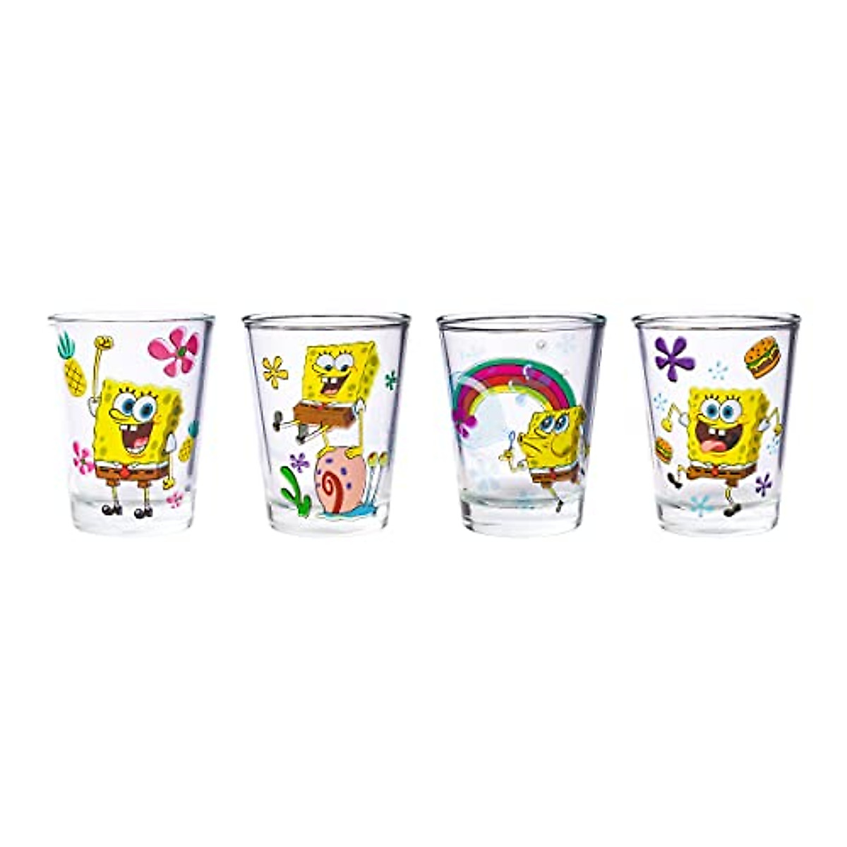 Silver Buffalo SpongeBob SquarePants Poses Floral Krabby Patty 4-Pack Mini Glass Set, 1.5 Ounces