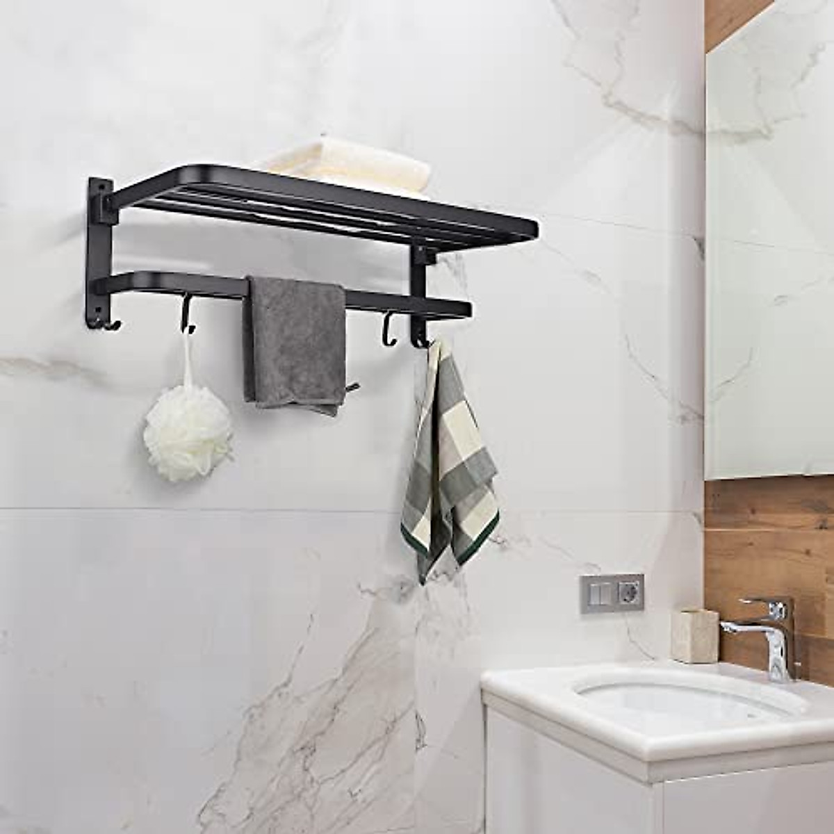Yescom Foldable Towel Rack with Towel Hooks and Adjustable Towel Bar for Bathroom Wall Mounted 24 Inch 304 Stainless Steel Shelf Matt Black