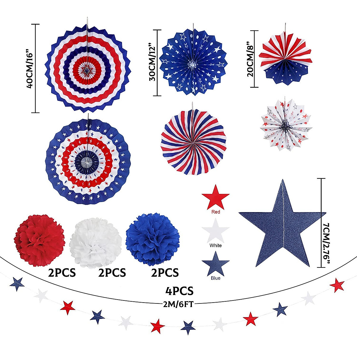 MOVINPE 4th of July Patriotic Party Decorations Set, American Flag Hanging Paper Fans, Paper Flower Balls Pom Poms, 4Pcs Star Streamers Banner Garland Independence Day Party Supplies