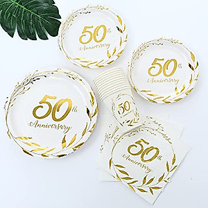 NAIWOXI 50th Anniversary Decorations Tableware - Golden 50th Anniversary Wedding Party Supplies Include Plates, Cups, Napkins, Fifty Years of Love 50th Wedding Anniversary Decorations | Serves 24