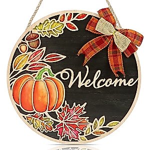 CHDITB Fall Decoration 3D Welcome Front Door Sign Home Decor(11.4”x11.4”), Pumpkin Welcome Sign with Maple Leaves Hazelnuts Plaid Bow, Thanksgiving Farmhouse Wreath for Front Door Porch Outdoor