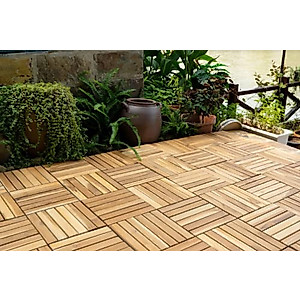 YAMAZING 12”x12” Solid Wood Interlocking Flooring Tiles (Pack of 9), Acacia Hardwood Deck Tiles, Floor Tile for Both Indoor & Outdoor Use, Patio Garden, Waterproof All Weather, 6 Slat (9 Sq Ft)