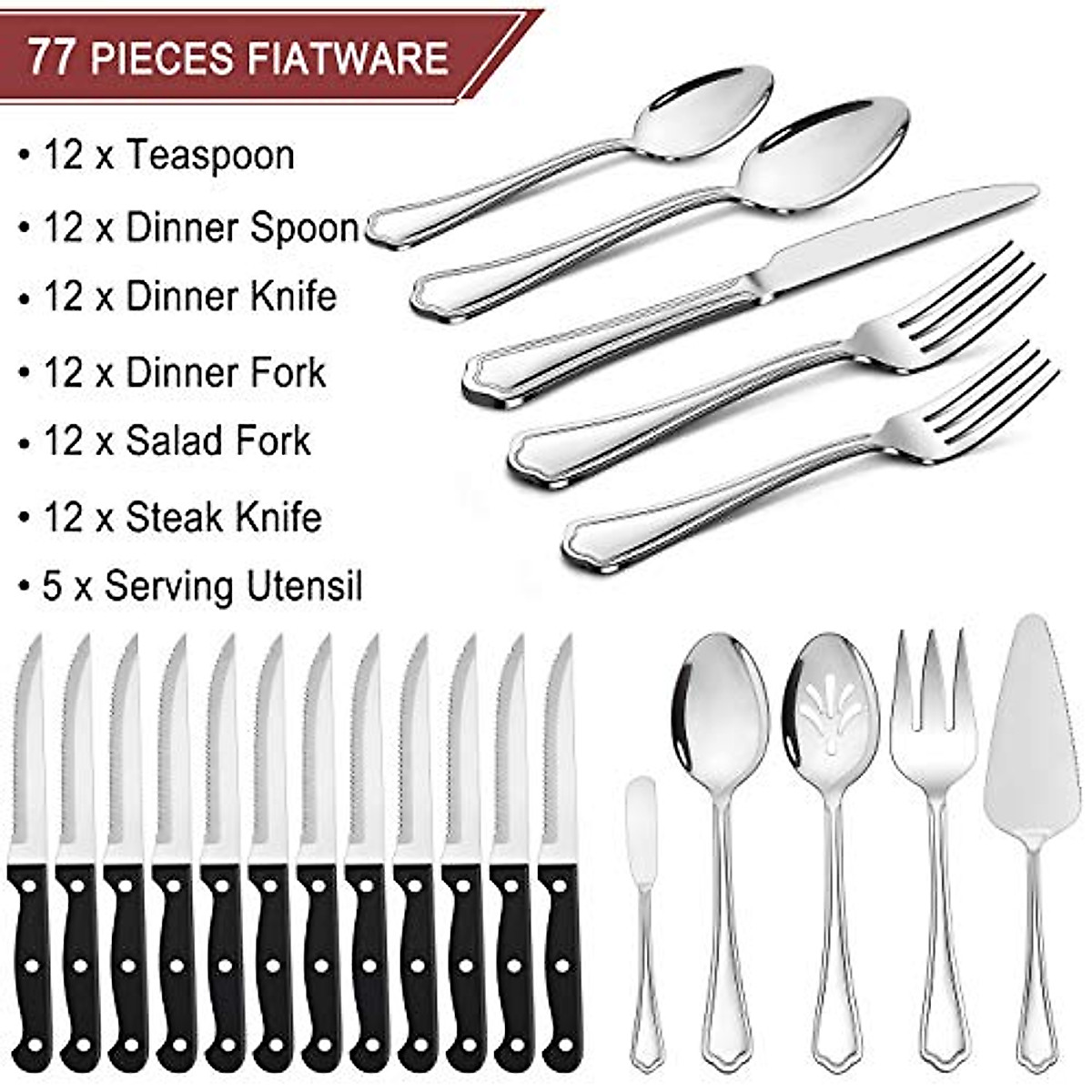 LIANYU 77-Piece Silverware Flatware Set for 12, Plus Steak Knives and Serving Utensils, Stainless Steel Flatware Cutlery Set, Eating Utensils Tableware with Scalloped Edge, Dishwasher Safe