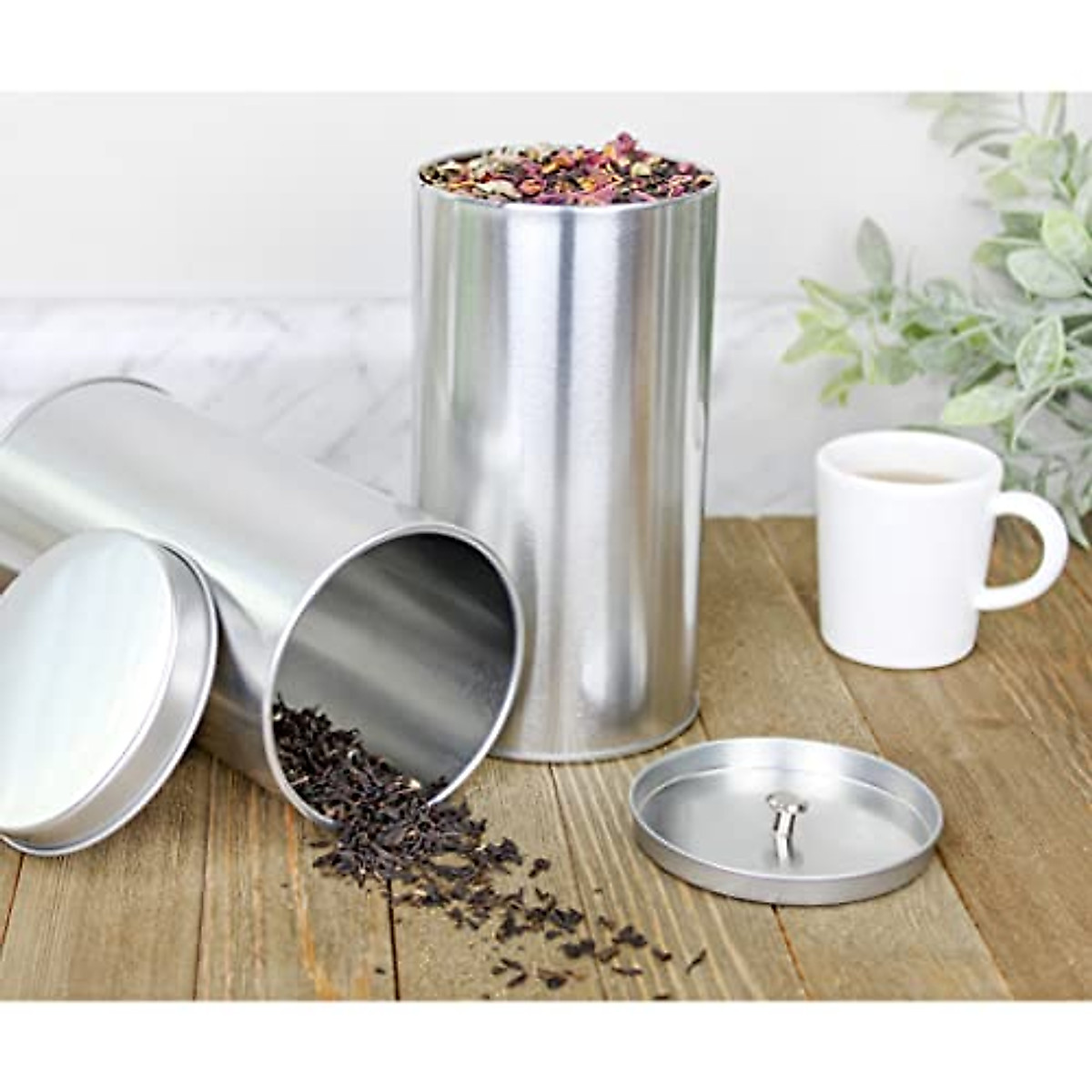 Solstice Double Seal Tea Canisters (4-Pack, Small); Round Metal Containers with Interior Seal Lid