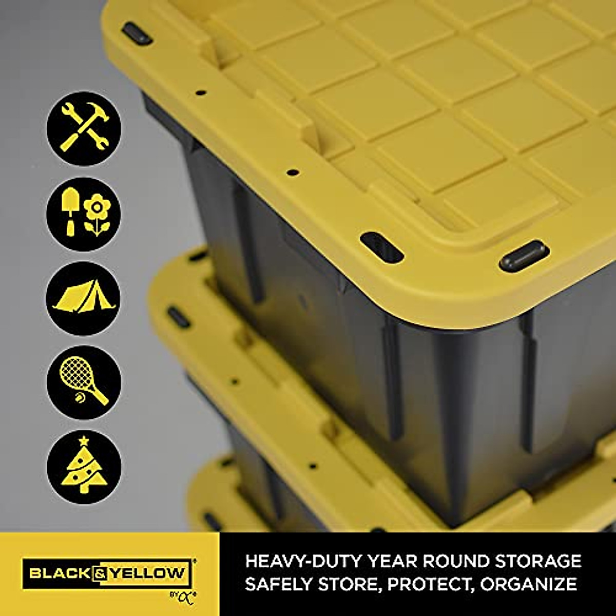 Black & Yellow 17-Gallon Tough Storage Containers, Extremely Durable®, 4-Pack (4)