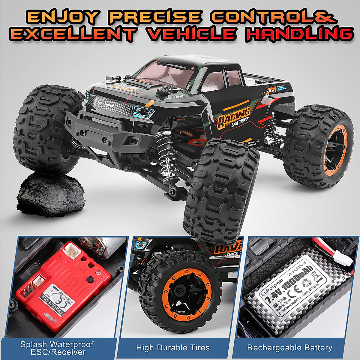 HAIBOXING Remote Control Car 16889, 1:16 Scale 2.4Ghz RC Cars 4x4 Off Road Trucks, Waterproof RTR RC Monster Truck 36KM/H, Toys for Kids and Adults with 2 Batteries 35+ mins Play