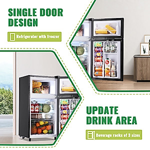 WANAI Mini Fridge with Freezer Two Doors Small Refrigerator with 7 Setting Adjustable Thermostat Crisper Drawer & Removable Shelves Extra Drink Space Low Noise Freezer-on-Top Refrigerator, Black