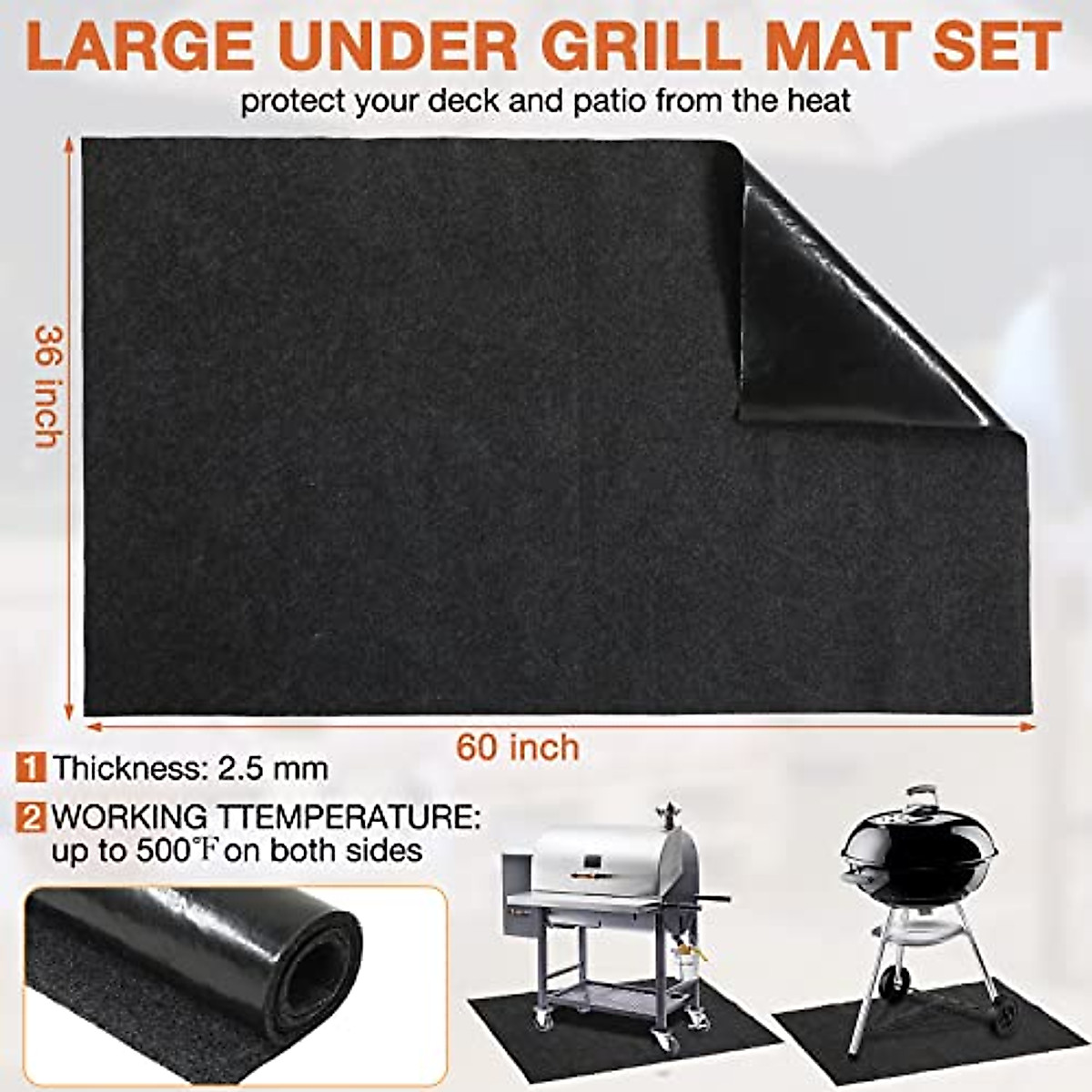 2 Pcs Large Under Grill Mat 60 x 36 Inch Reusable Absorbent Oil Pad Fireproof Fire Pit Mat Waterproof Deck and Patio Protective Mats for Outdoor Gas Grill Charcoal Fireplace BBQ Protector, Black