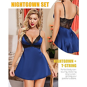 ADSEXY Women's Babydoll Lingerie Sexy Lace Chemise Sleepwear Nightgown V-Neck Sleep Dress Teddy Lingerie Blue