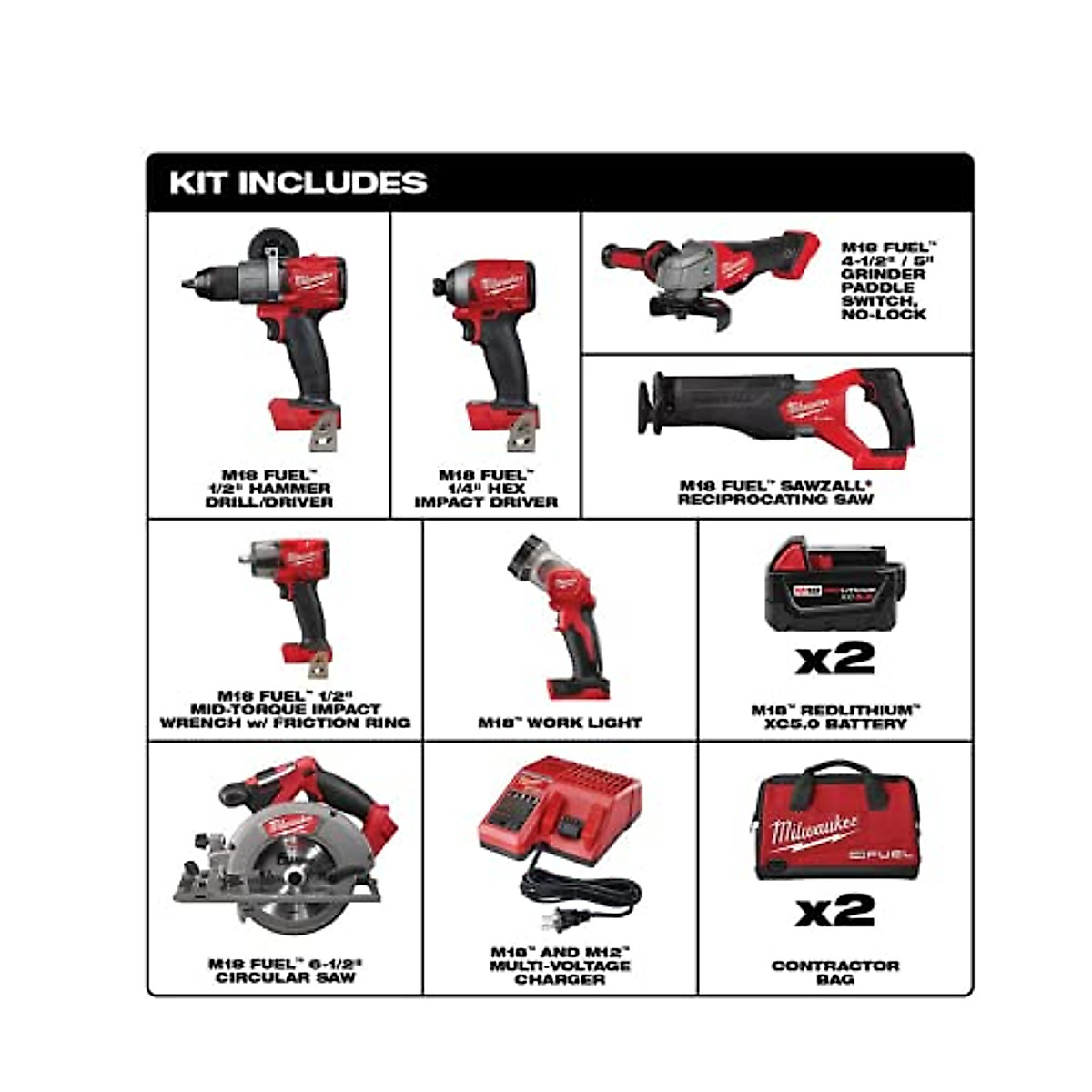 Milwaukee M18 FUEL 18-Volt Lithium-Ion Brushless Cordless Combo Kit with Two 5.0 Ah Batteries, 1 Charger, 2 Tool Bags (7-Tool)