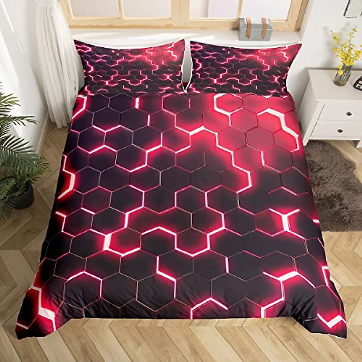 Feelyou 3D Honeycomb Duvet Cover Twin Size Geometry Hexagon Comforter Cover Glitter Print Bedding Set Red Bedspread Cover for Kids Boys Girls Adults 2Pcs