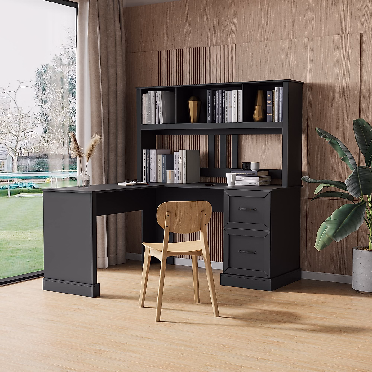 Holaki L Shaped Desk,Computer Desk with Drawers,Bookshelf & Hutch,Modern Corner Desk,Home Office Desk,L-Shaped Study Table Writing Desk,Corner Gaming Computer Desk with Storage(Black)