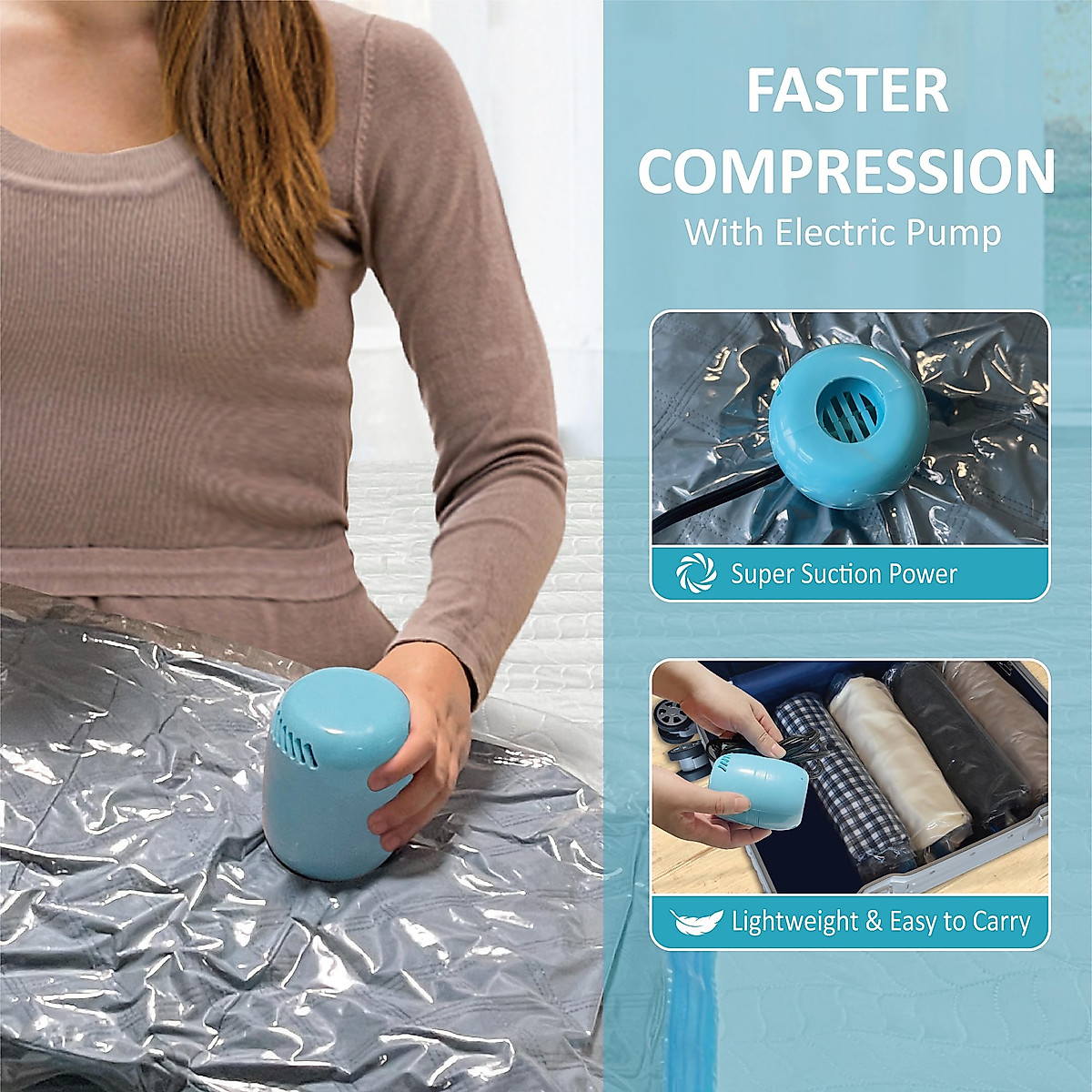 Vacuum Storage Bags with Electric Pump, 10 Jumbo Space Saver Bags Vacuum Seal Bags with Pump, Space Bags, Vacuum Sealer Bags for Clothes, Comforters, Blankets, Bedding