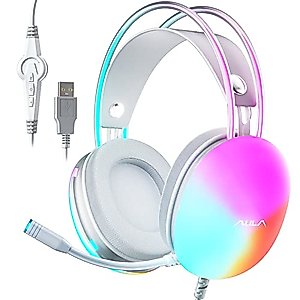 AULA USB Gaming Headset with Mic for PC, RGB Rainbow Backlit Headset, Virtual 7.1 Surround Sound, 50mm Driver, Soft Memory Earmuffs, Wired Laptop Desktop Computer Headset, Pink, S505