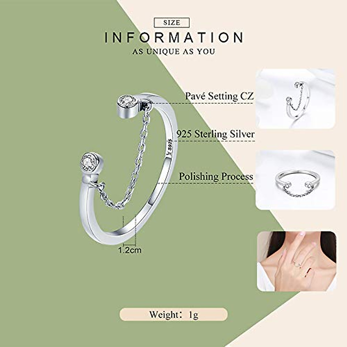 Minimalist Sterling Silver Stackable Rings Statement Ring Finger Band Adjustable CZ Chain Eternity Engagement Wedding Band Ring for Women Girls