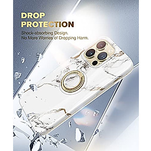GVIEWIN Compatible with iPhone 14 Pro Case 6.1 Inch 2022, [Built-in 360° Rotatable Ring Stand] Marble Slim Stylish Durable Hard Shockproof Phone Holder Kickstand Cover(White/Gold)
