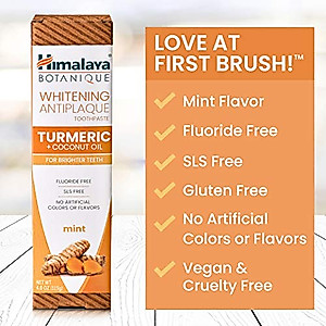 Himalaya Botanique Whitening Antiplaque Toothpaste with Turmeric + Coconut Oil, Fluoride Free, for Brighter Teeth, 4 oz, 2 Pack