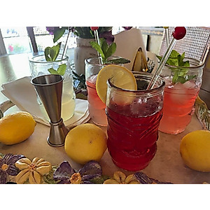 Pack of 4 Tiki Glasses 13 oz. with 1 oz. & 2 oz. Stainless Steel Japanese Jigger for Bartending - Unique Glasses for Cocktail, Juice, Lemonade, Water (Set of 4 Glassware + 1 Japanese Jigger)