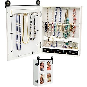 Barndoor Picture Frame Jewelry Organizer - Holds Four 4x6" Photos (White)