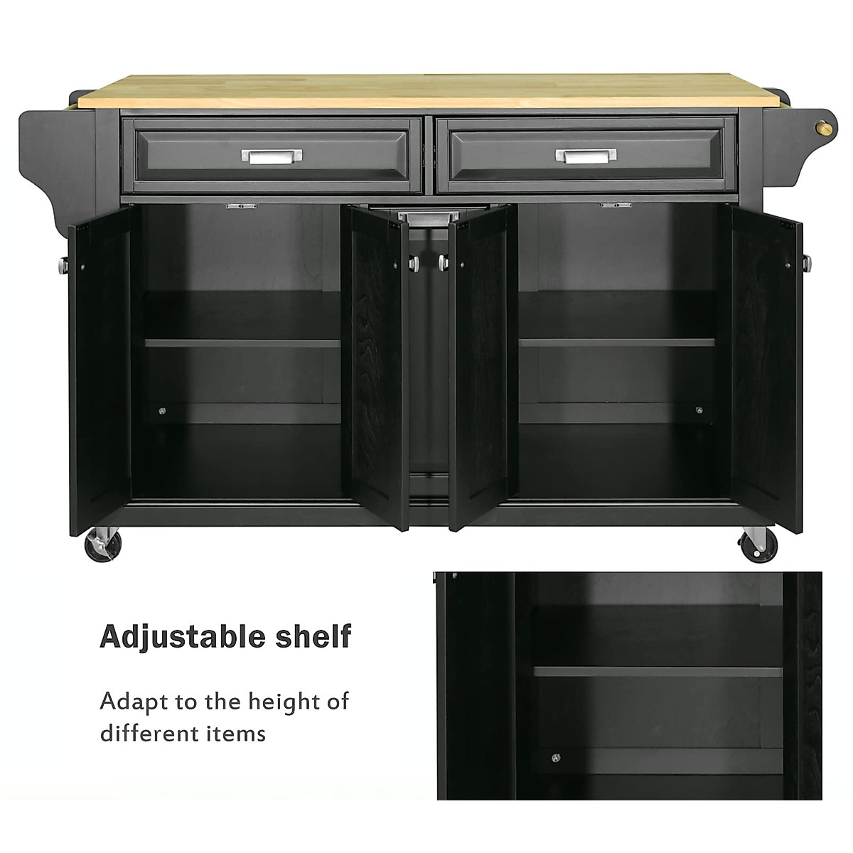 YWUFUART Solid Wood Kitchen Trolley with Storage Cabinet, Rolling Mobile Kitchen Island with Seasoning Rack and Towel Rack for Kitchen (Black)