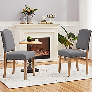 Yaheetech Dining Chairs Set of 2 Dining Room Chair Fabric Parsons Chairs with Nailhead Trim and Solid Wood Legs for Home, Kitchen, Dining Room, Dark Gray