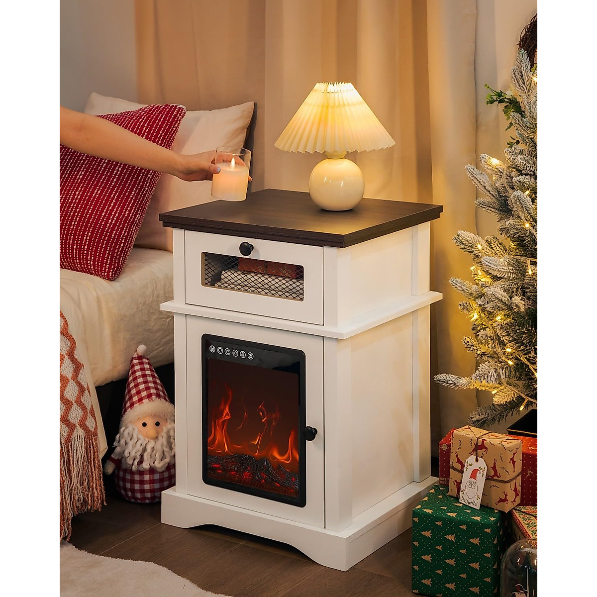 i-aplus White LED Nightstand Farmhouse Night Stand Fireplace Night Stand with Drawer LED Bedside Tables for Bedroom End Table