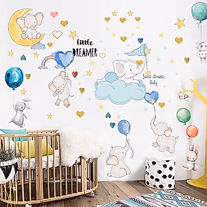 3Sets Cartoon Elephant Rabbit Wall Decals, HOLENGS Cute Balloons Flying Animals Wall Stickers, Stars Removable DIY Wall Decor for Kids Girls Baby Bedroom Classroom Nursery Home Decoration