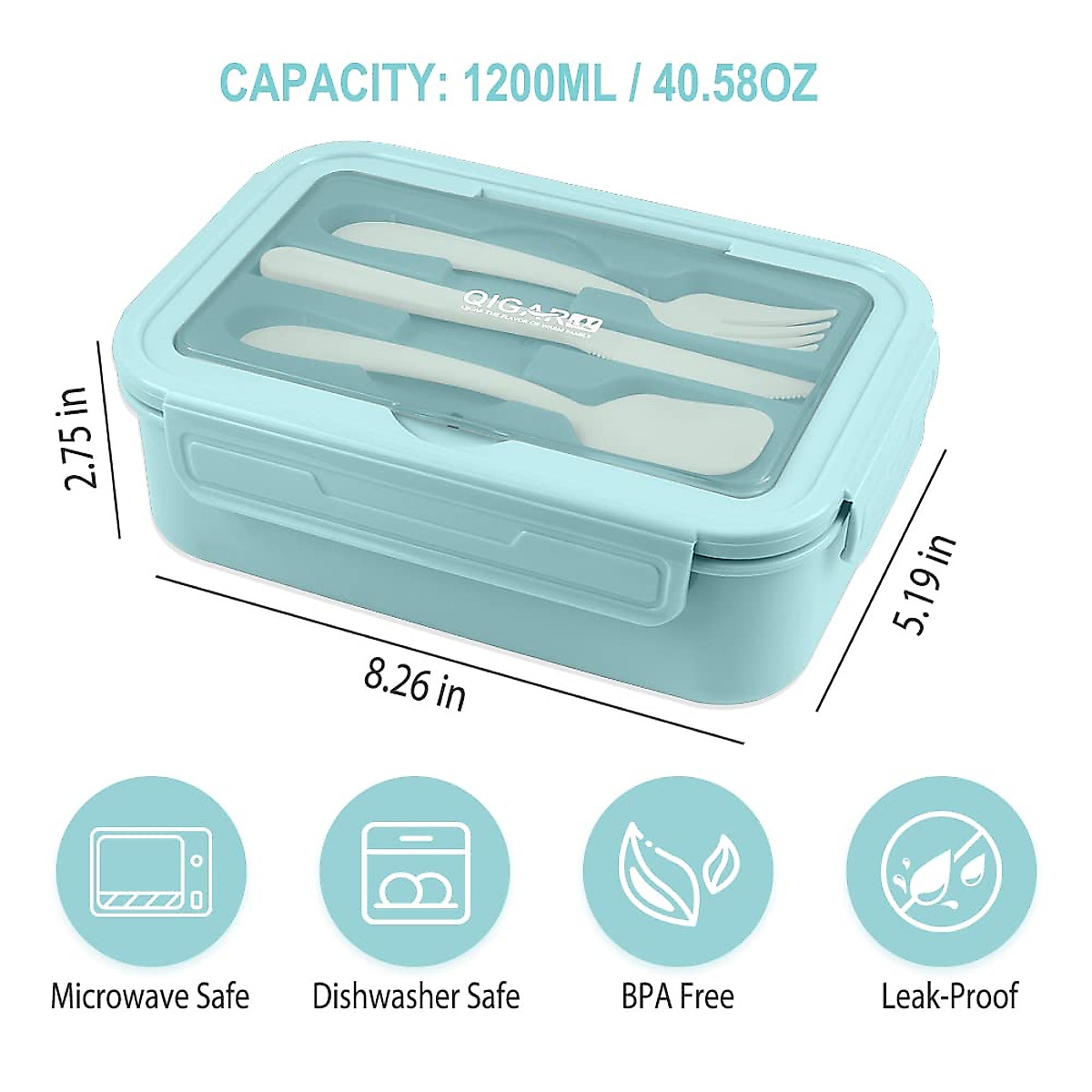 NatraProw Bento Box for Adult, 1400 ML Lunch Containers for Adults, LeakProof Lunch Box with Utensils, BPA Free, 3 Compartment Bento Box Microwave Safe, Light Blue