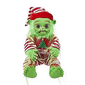 TRURENDI Christmas Doll, 10'' Green Furry Monster Latex Doll with Cute Xmas Clothes, Christmas Doll Gifts Xmas Decor (Red Stripes, 28 * 20 * 20 cm)
