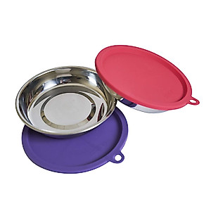Messy Cats 4pc Set with Two Stainless Saucer Shaped Bowls and Two Silicone Lids, 1.75 Cups Per Bowl, Watermelon and Purple Lids