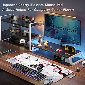 Japanese Cherry Blossom Gaming Mouse Pad 31.5x11.8in Pink Full Desk Japanese Sakura Gaming Mouse Pad Large Non-Slip Rubber Base Waterproof Big Keyboard Mat with Stitched Edges for Gaming Office