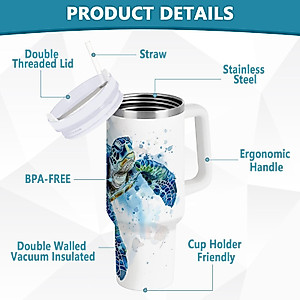 ALAZA Sea Turtle Watercolor 40 oz Tumbler Stainless Steel Water Bottle Vacuum Insulated Cup with Straw Lid & Handle For Travel Car Cup Holder