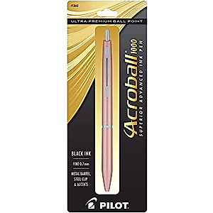 PILOT Acroball 1000 Ultra-Premium Ball Point Pen, 0.7 mm Fine Point, Black Ink, Rose Gold Barrel-2 Pens With 2 Bonus Reffills