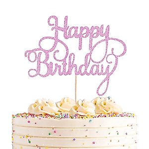 AHAORAY Happy Birthday Cake Topper - Pink Glitter Happy Birthday Cake Bunting Decor - Birthday Party Cake Decoration Supplies, for Photo Booth Props