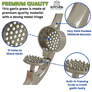 Premium Garlic Press Set - Easy to Squeeze Ergonomic Handle Garlic Crusher - Rust Proof & Dishwasher Safe Garlic Mincer Tool, Garlic Press Stainless Steel, Garlic Peeler & Brush (Chrome Silver)