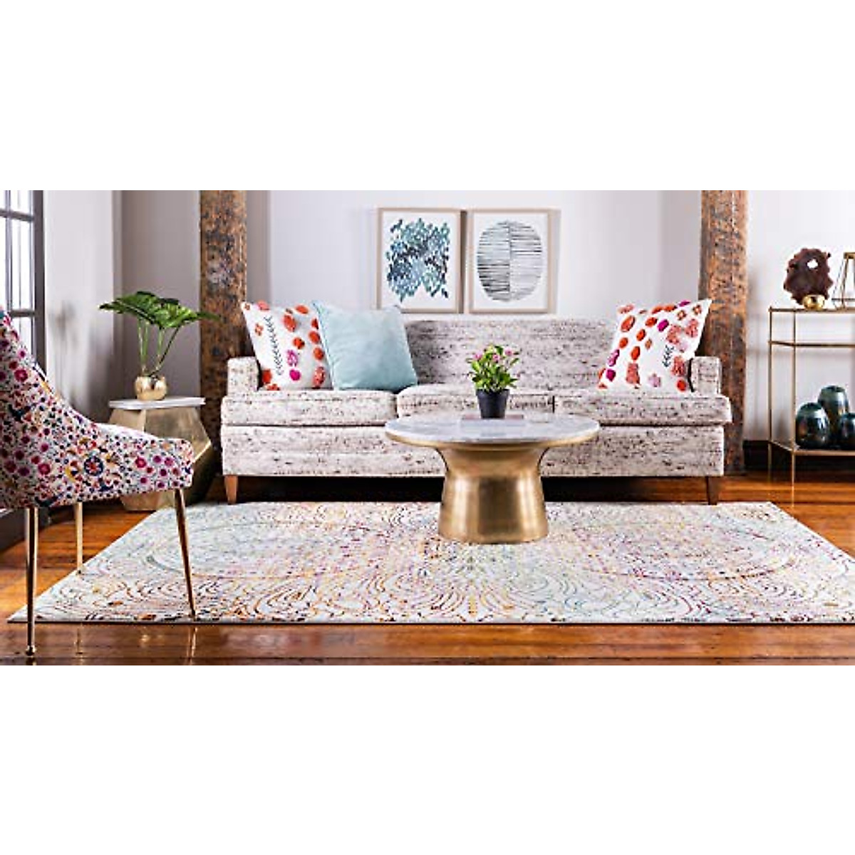 Unique Loom Lyon Collection Colorful Abstract Floral Rainbow Gradient Area Rug, 4 x 6 Feet, Ivory/Pink