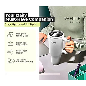 WHITE Prime 40 oz Tumbler | 100% Leak Proof | Simple Elegant Modern | Stainless Steel Double Wall Tumbler with handle | Reusable Water Bottle | Cupholder Friendly | Drinkware Flasks