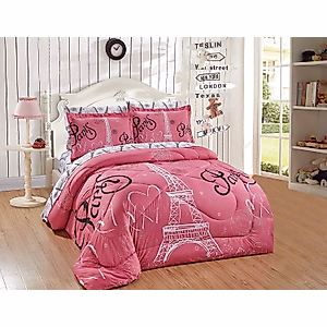 Home Collection Twin Size Comforter And Sheet Set Paris Eiffel Tower Hearts Flowers for Girls/Teens White Pink Black Pink / White New