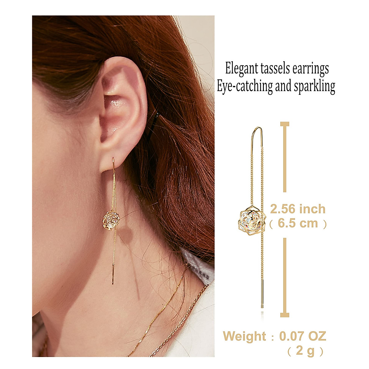 14K Gold Rose Flower Dangle Earring For Women Tassel Threading Long Chain Earrings For Women Drop Earrings For Bridesmaid