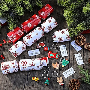 83 Pcs Christmas Party Table Non Snap Holiday Supplies, Include Christmas No Snap Crackers, Tissue Paper Cracker Hats, Christmas Jokes, Keychain and Brooch for Holidays, No Snap Strips (Red, White)