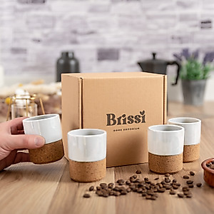 White Double Espresso Cups Set of 4 - Removable Cork Insulating Base Ceramic Coffee Cup Mug 4oz with Removable Cork Sleeve - Stackable - Handleless