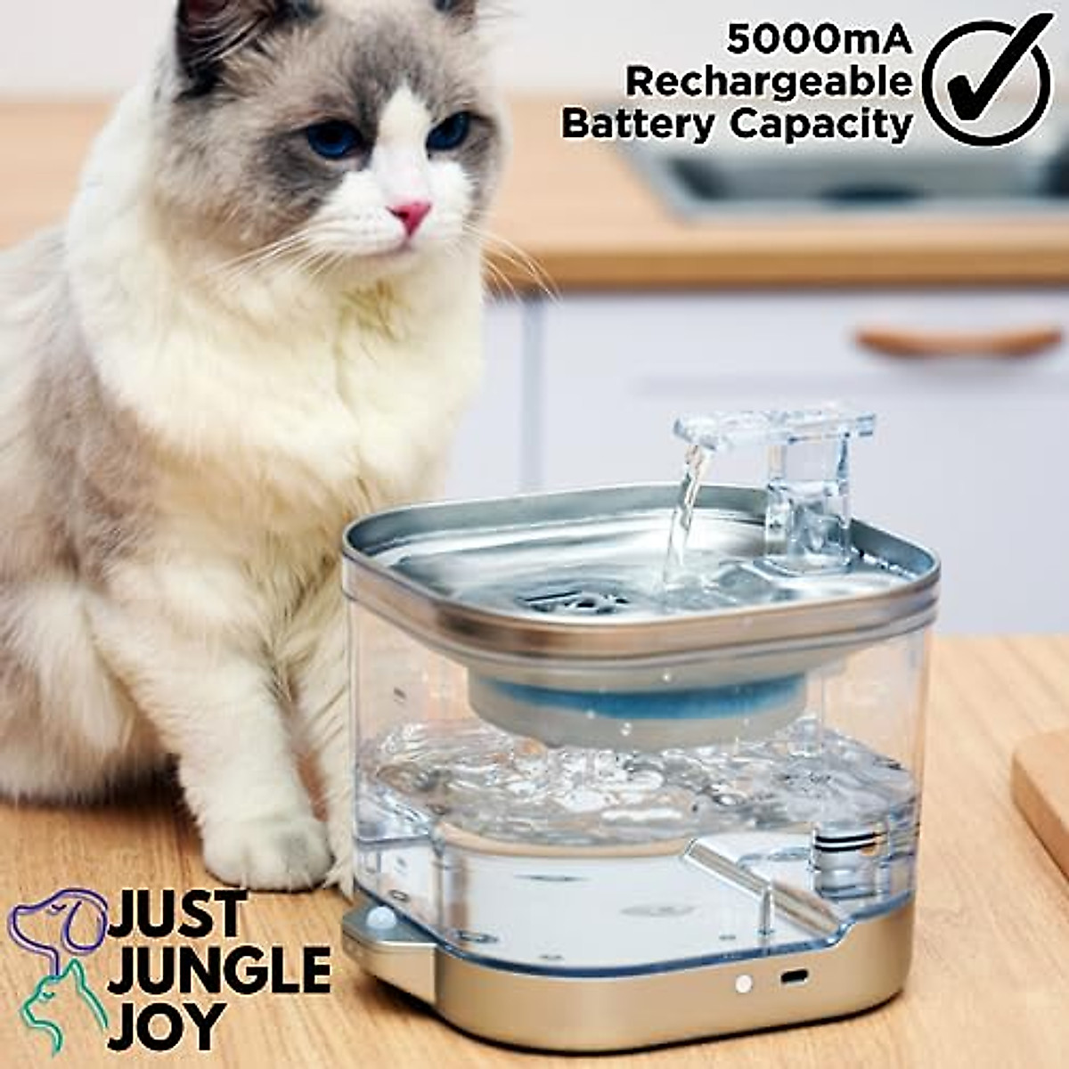 Wireless Rechargeable Cat Water Fountain Cat Drinking Fountain, Super Longer Battery Life, 304 Stainless Steel Basin, Automatic Infrared Sensing, Low Noise, 3 Way Filter System for Pets Indoors