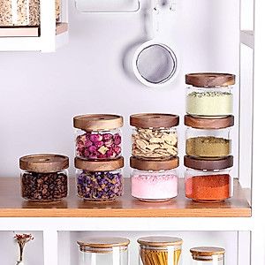 Tzerotone 8 Pcs Spice Containers - 8.5oz Glass Spice Jars With Acacia Airtight Lid and Labels - Stackable Empty Round Spice Bottles for kitchen Seasoning, coffee bean, tea, suger, herbs